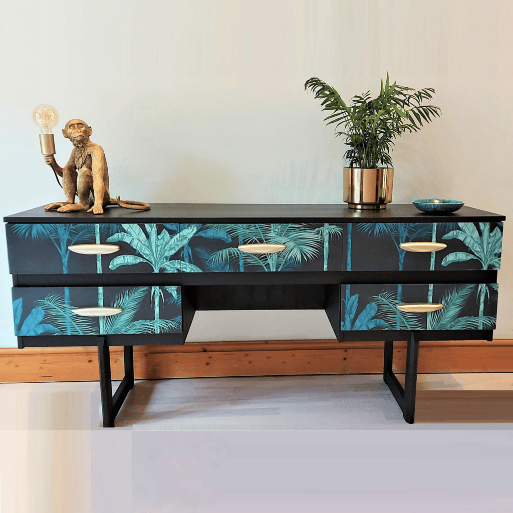 vintage retro mid century sideboard in green with white crane design ...
