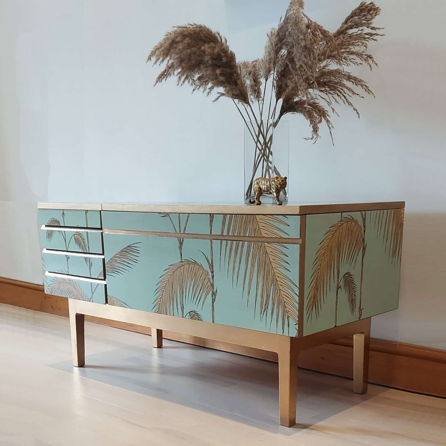 vintage retro mid century sideboard in green with white crane design ...